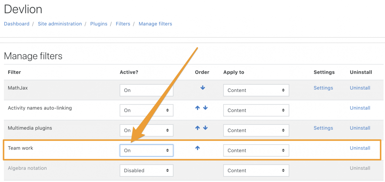 Moodle – Filter Team Work tutorial – Devlion
